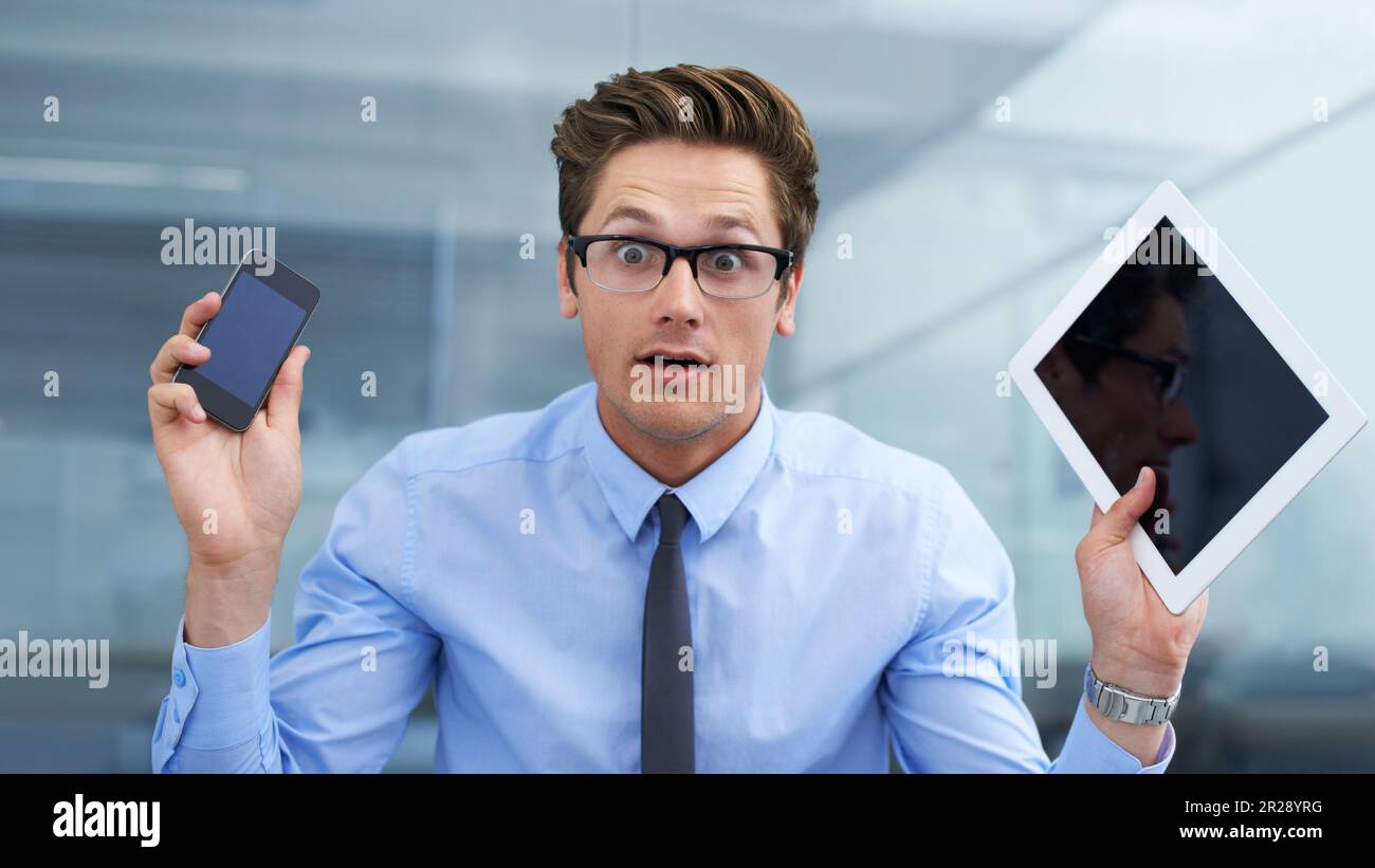 Phone, tablet or business portrait of man with technology for research ...