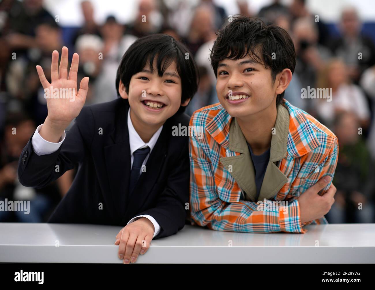 Hinata Hiiragi, left, and Soya Kurokawa pose for photographers at the photo call for the film ...