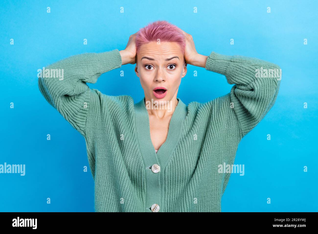 Portrait of astonished worried nervous lady shocked bad news ...