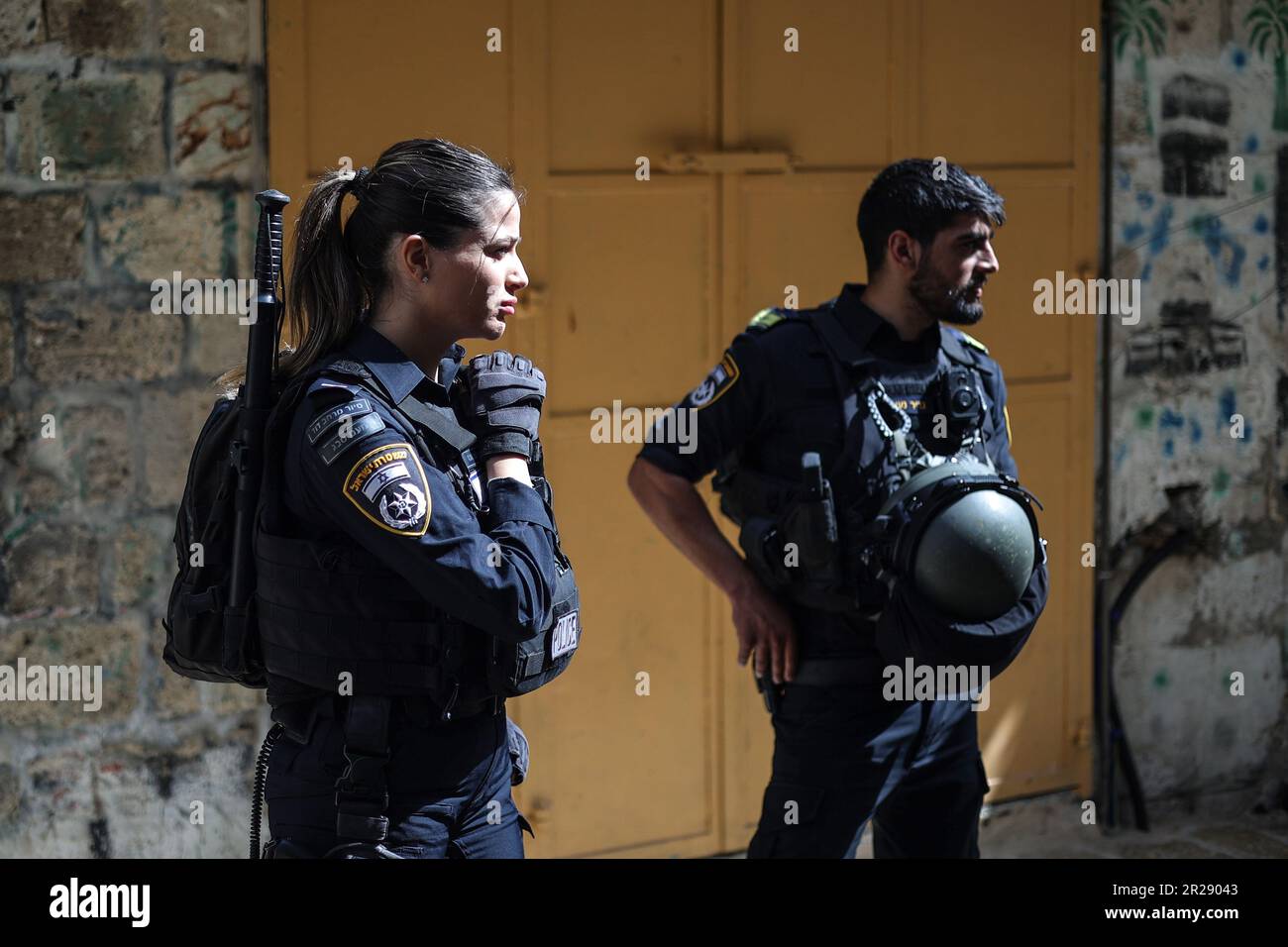 Jerusalem. 18th May, 2023. Israeli security officer stand guard in ...