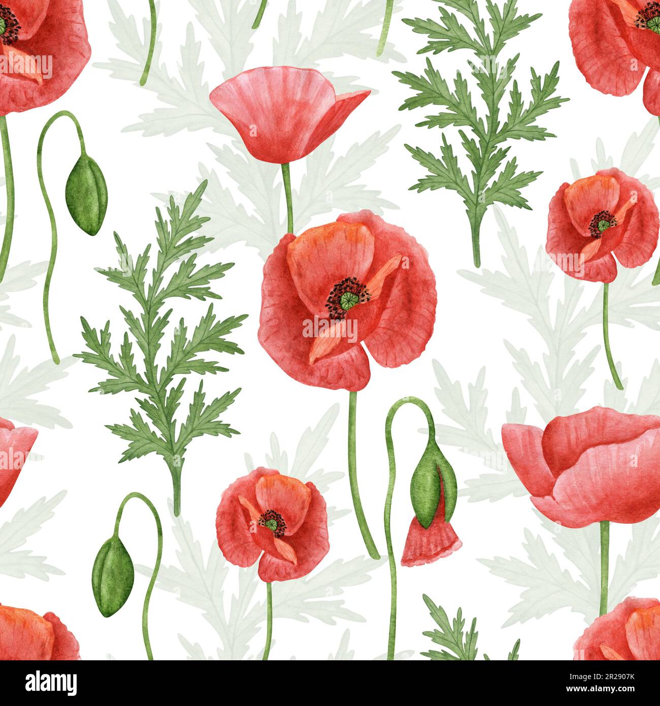 Poppy flower seamless pattern. Watercolor hand drawn poppy flowers ...