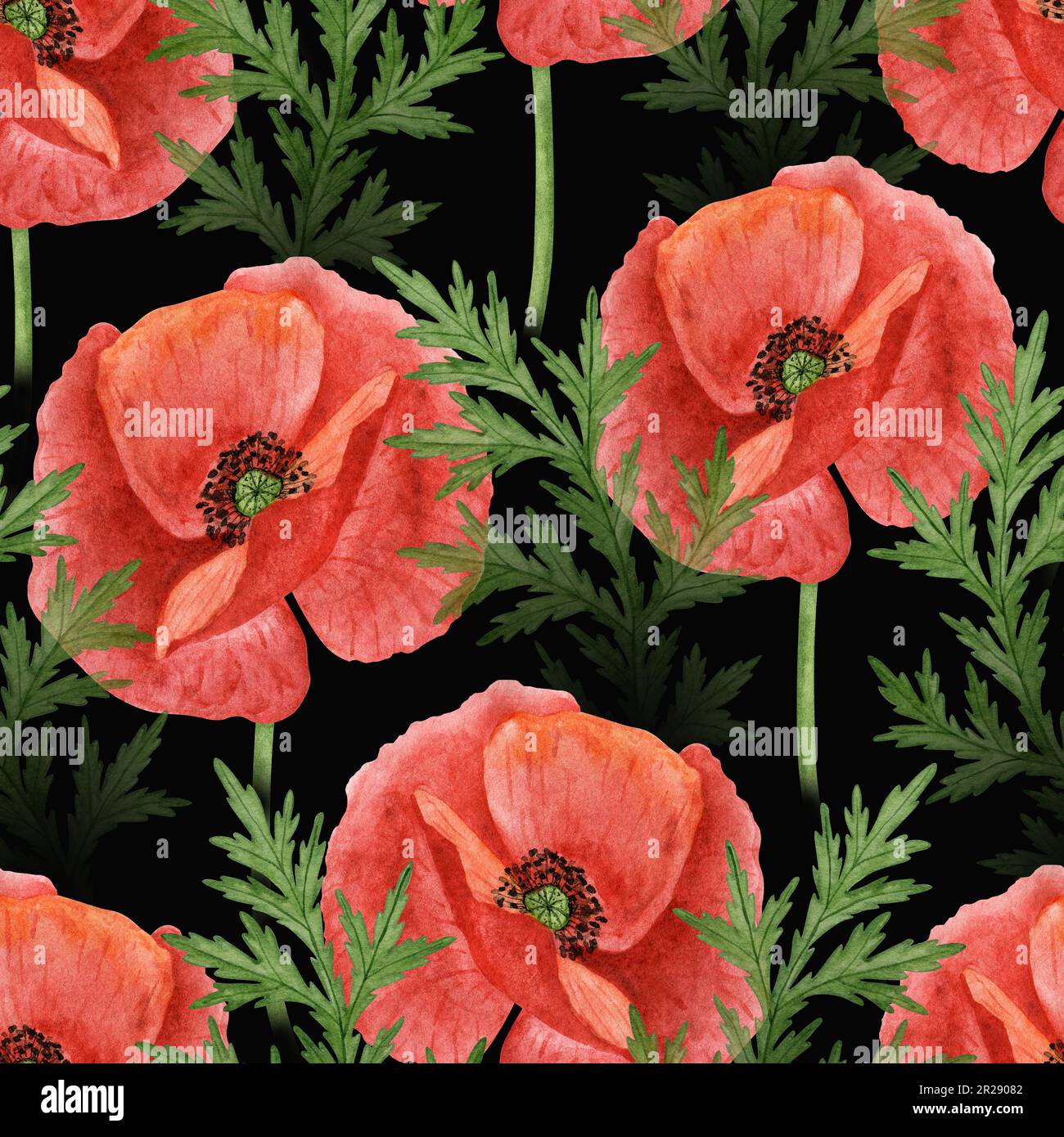 Poppy flower seamless pattern. Watercolor hand drawn poppy flowers wallpaper, fabric design ...