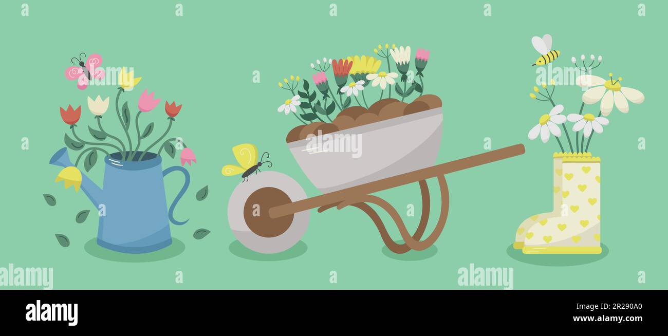 Set of summer season gardening objects, watering can, bouquet boots ...