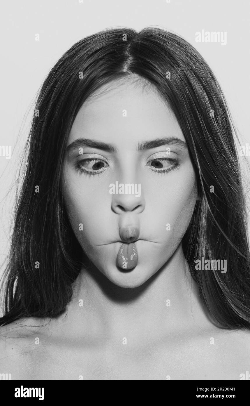 Lips fun. Funny woman face close up. Crazy girl studio portrait Stock ...