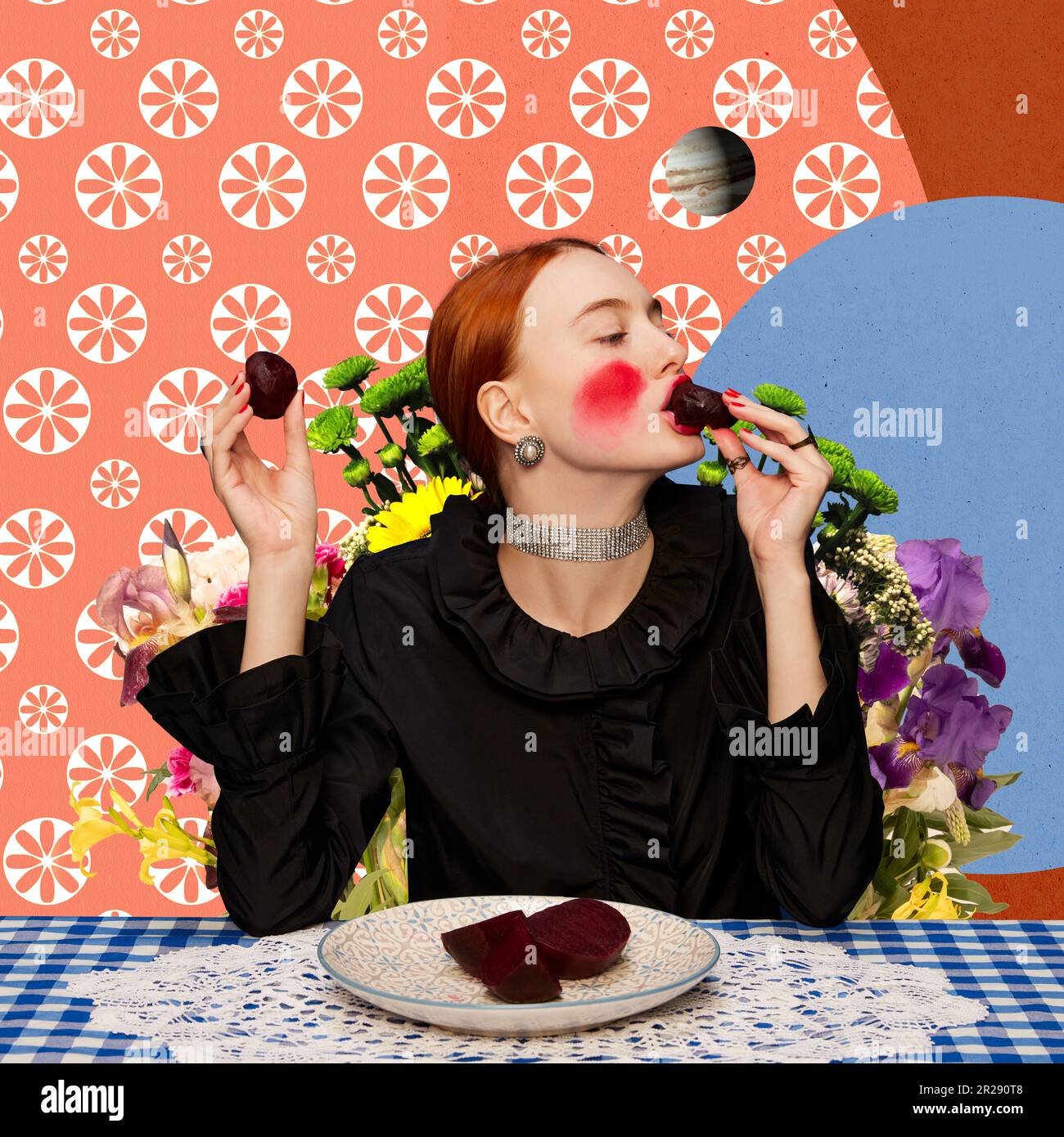 Contemporary art collage. Young beautiful girl eating and applying beer ...