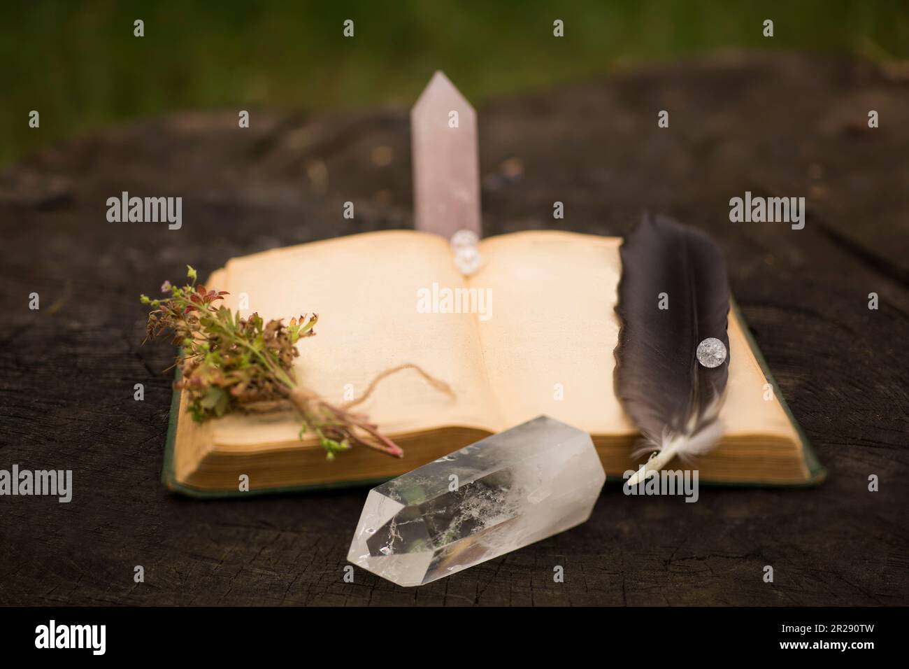 Wiccan witch altar with open recipes spell book alchemy ingredients ...