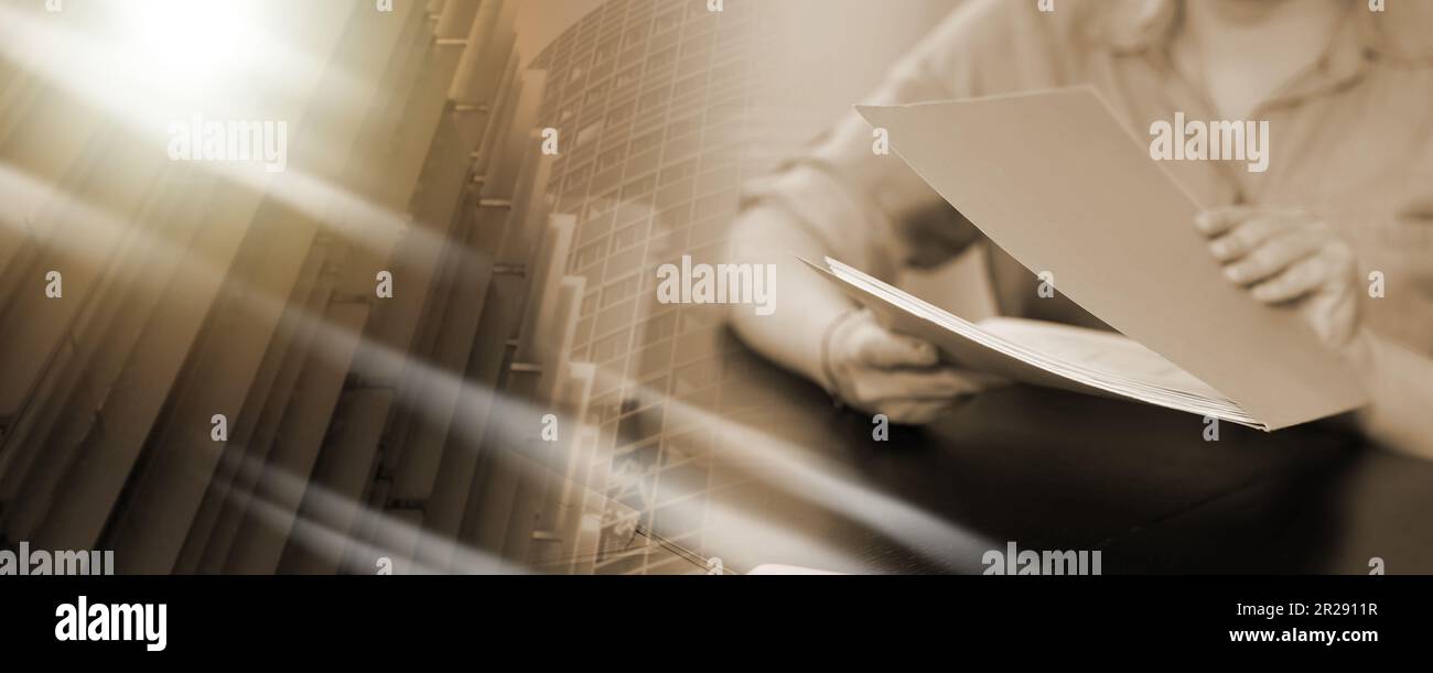 Businesswoman opening folder with paper documents; multiple exposure ...