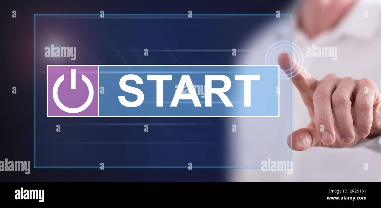 Man touching a start concept on a touch screen with his finger Stock ...