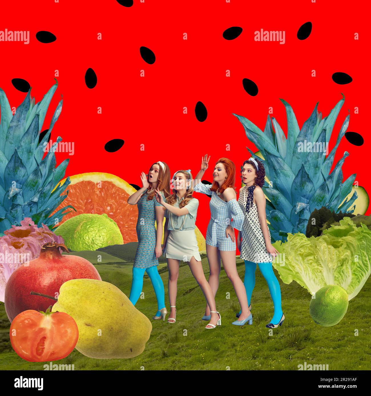 Contemporary art collage. Beautiful young women in stylish clothes ...