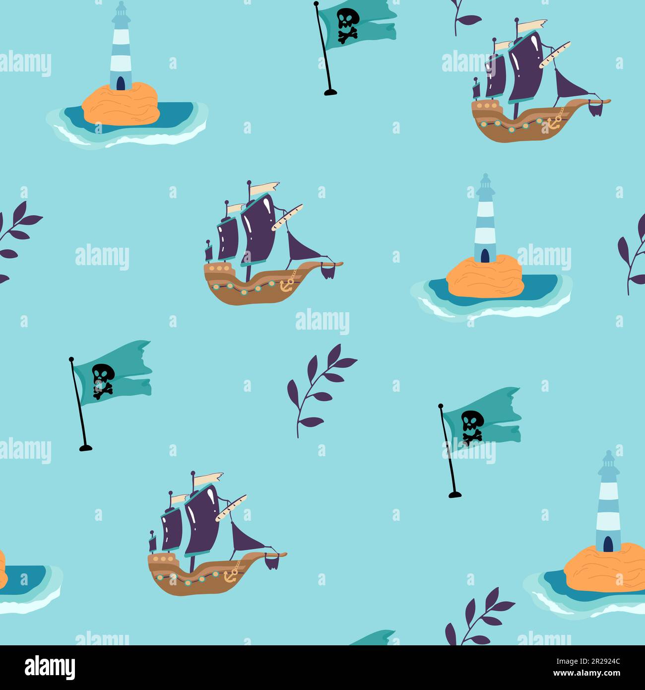 Pirate sea flat vector seamless pattern. Sailing backdrop. Anchor, map ...