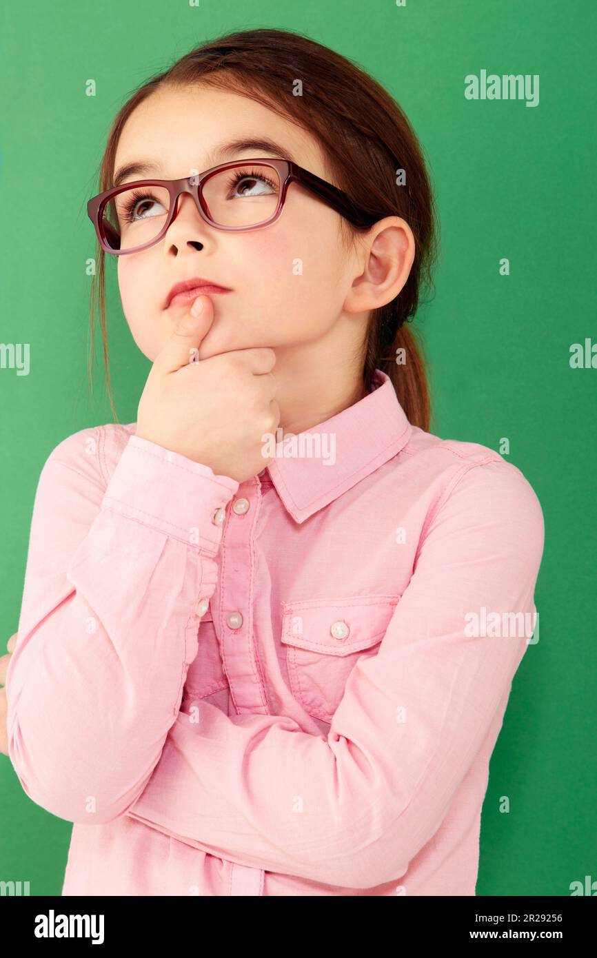 Green screen, ideas and girl with focus, future and decision against a ...