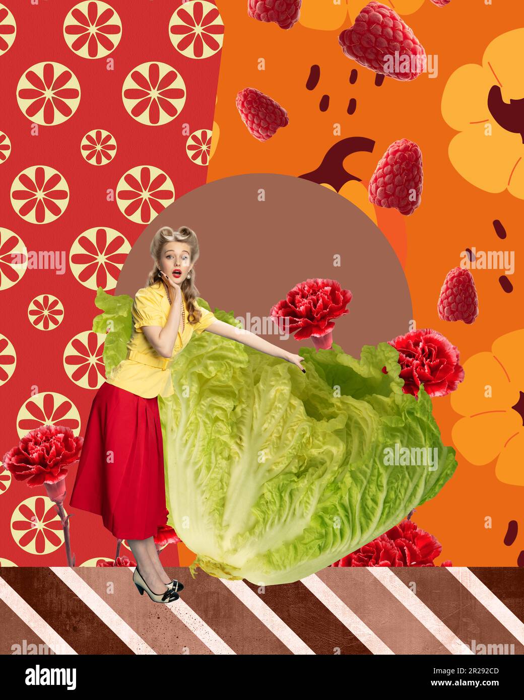 Contemporary art collage. Pretty, young, blonde girl standing with ...