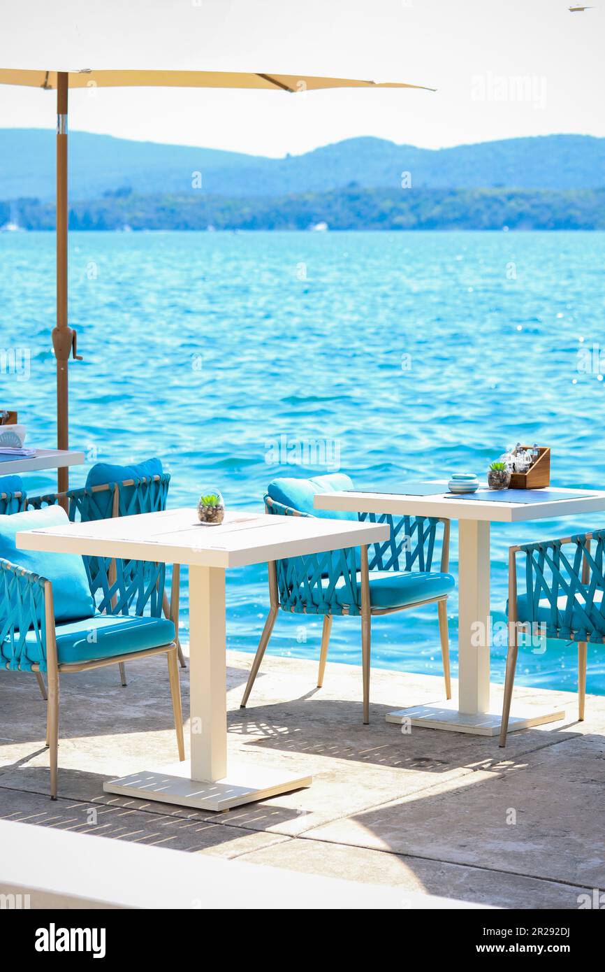 Beach club concept. Interior of a stylish food corner or beach cafe at ...
