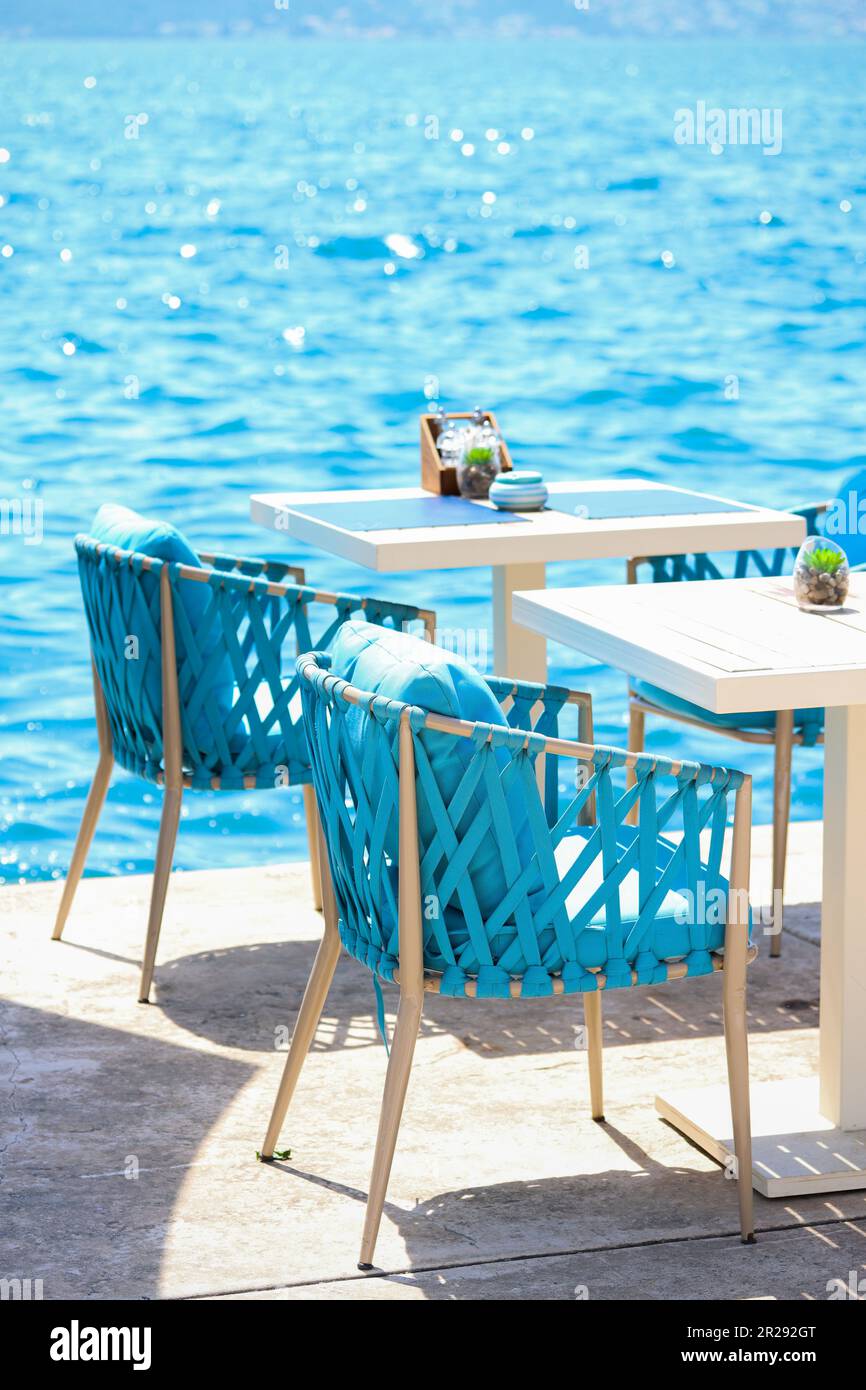 Beach club concept. Interior of a stylish food corner or beach cafe at ...