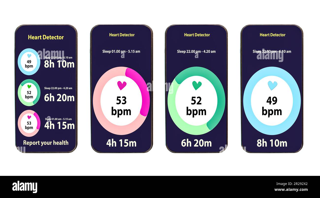 Smartphones show a heart function monitor. Mobile device screen ...