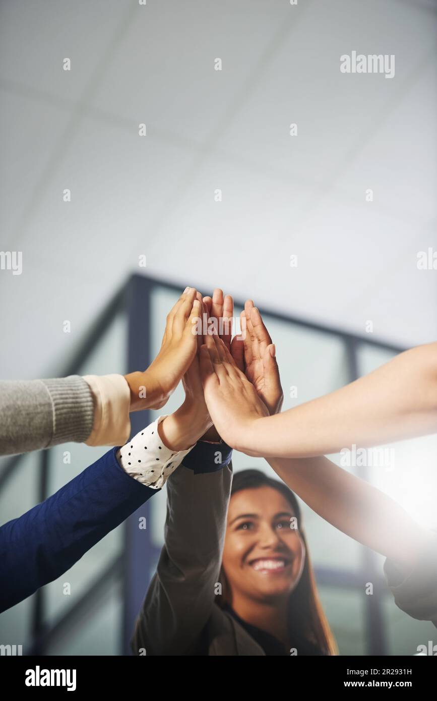High five, success or hands of excited business people meeting in celebration of b2b group ...