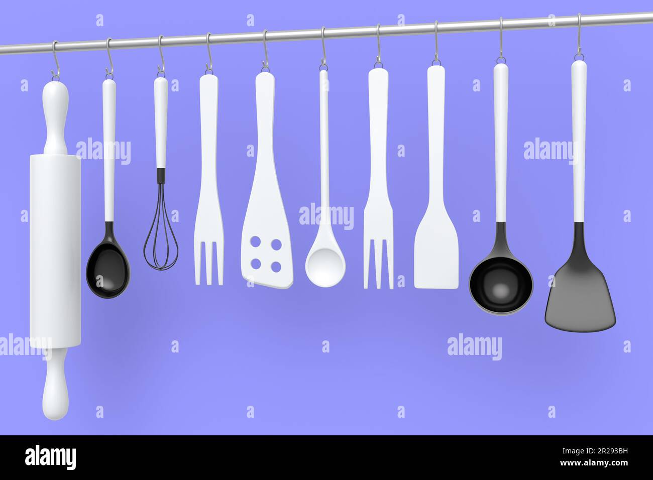 Set of kitchen utensil for preparation of dough hanging on shelf on ...