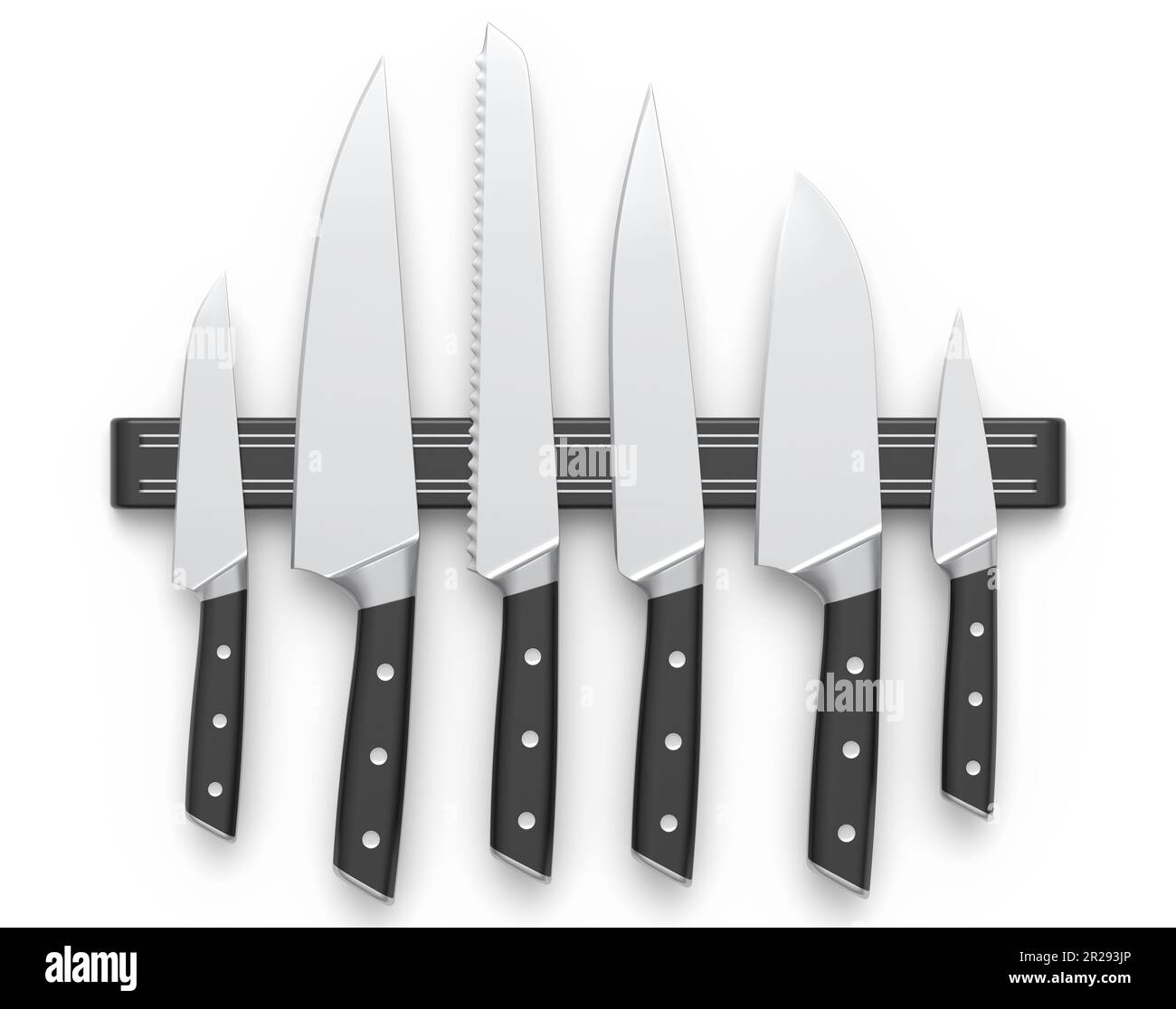 Set of chef's kitchen knives and kitchen utensil hanging on shelf on ...