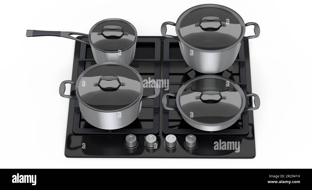 Frying pan and stewpot with glass lid on electric or gas stove cooker ...