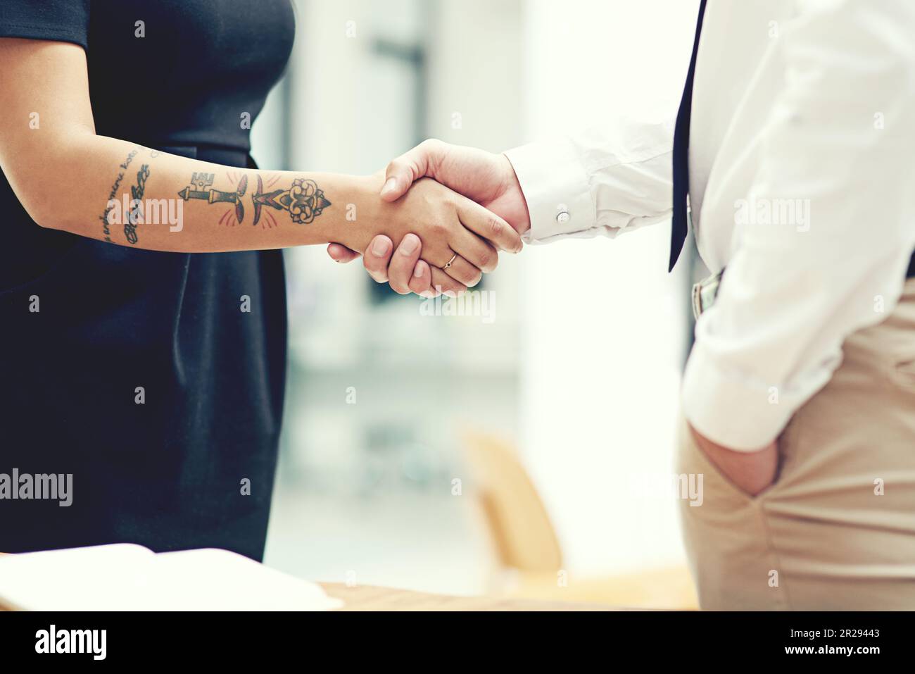 Thank you, welcome and business people handshake for interview, success ...