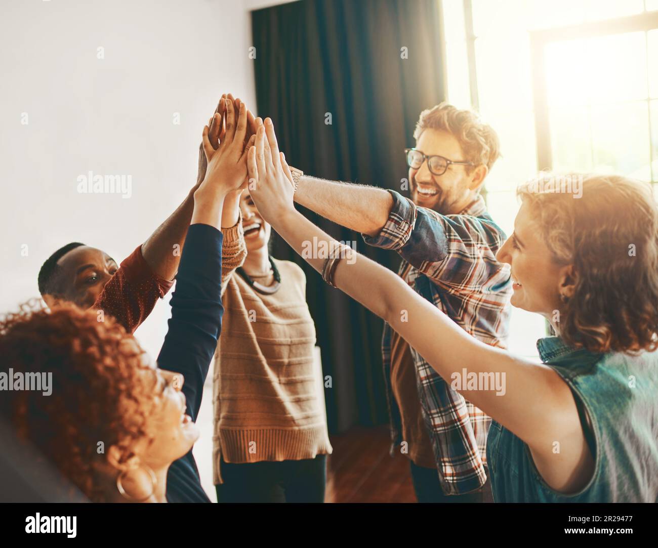 High five, creative or happy people in meeting for team building ...