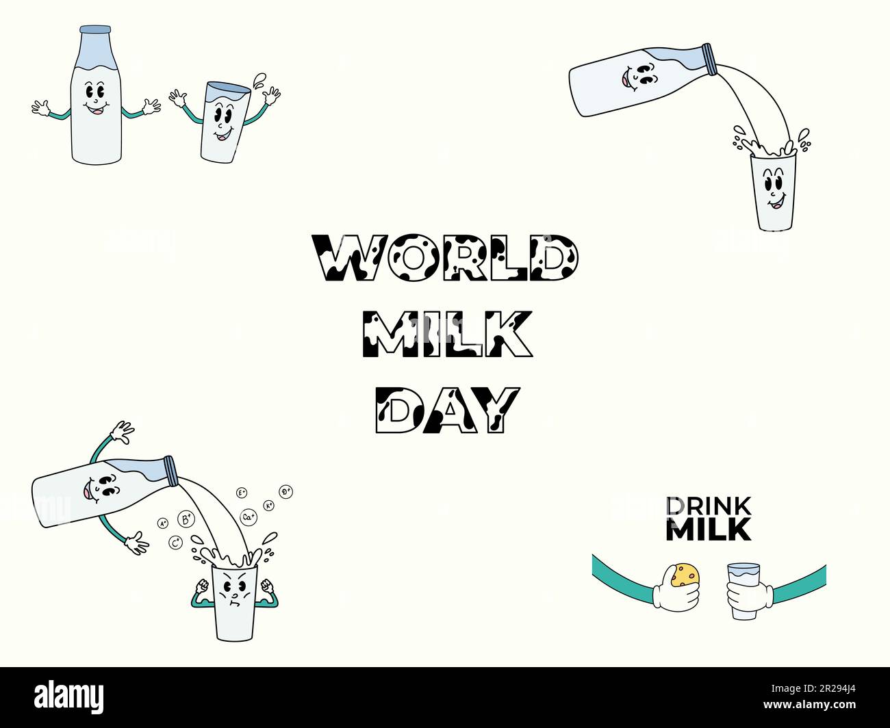 World Milk Day. June 1. A set of cartoon characters. Glass and bottle ...