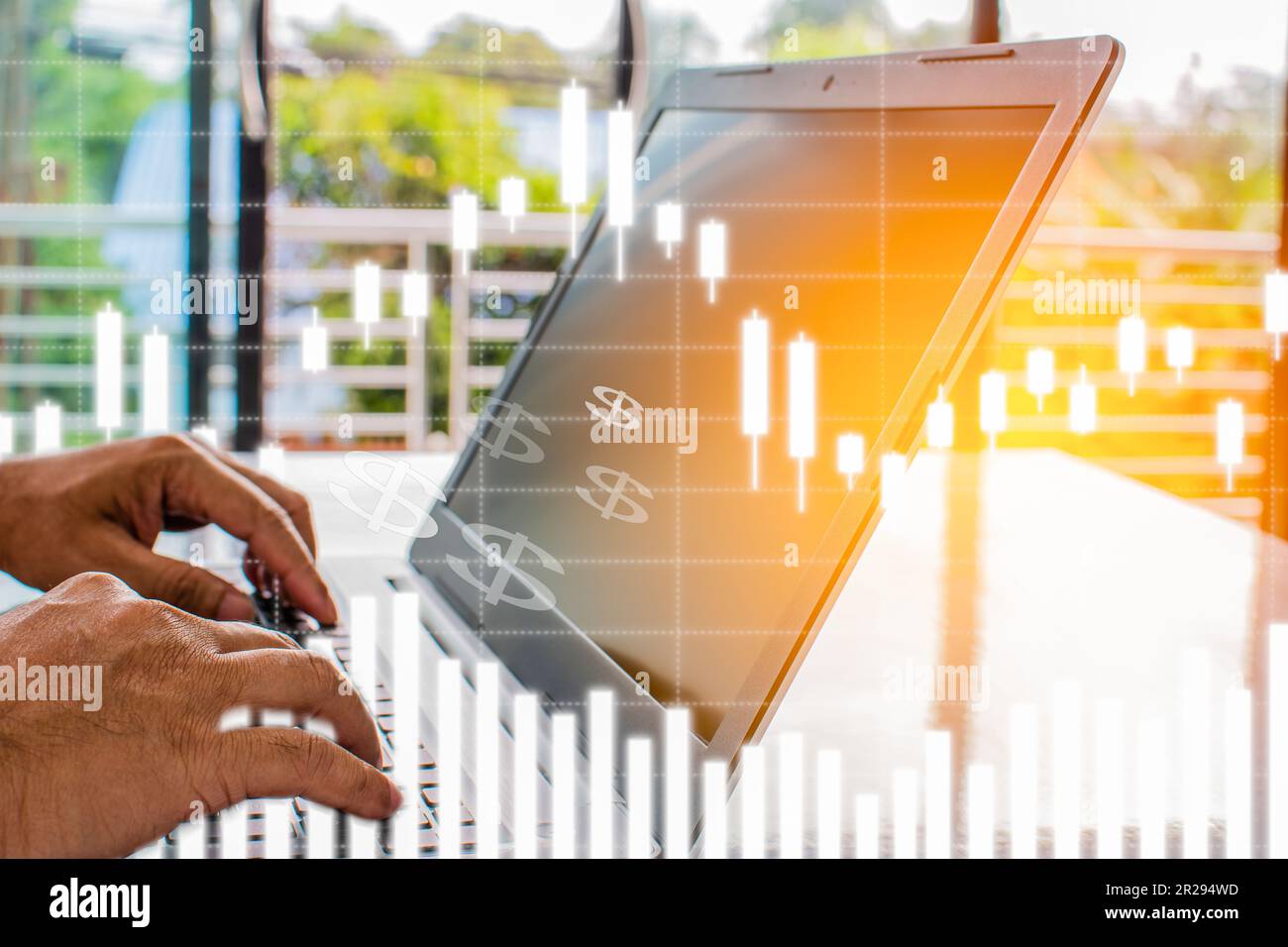 Hand of a businessman typing a notebook keyboard To analyze stock ...