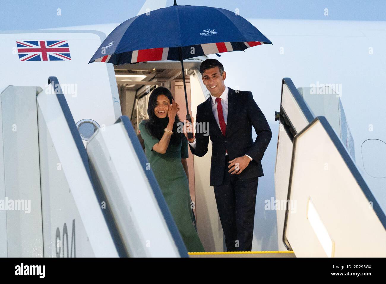 Prime Minister Rishi Sunak and his wife Akshata Murty arriving by plane in Hiroshima after their ...