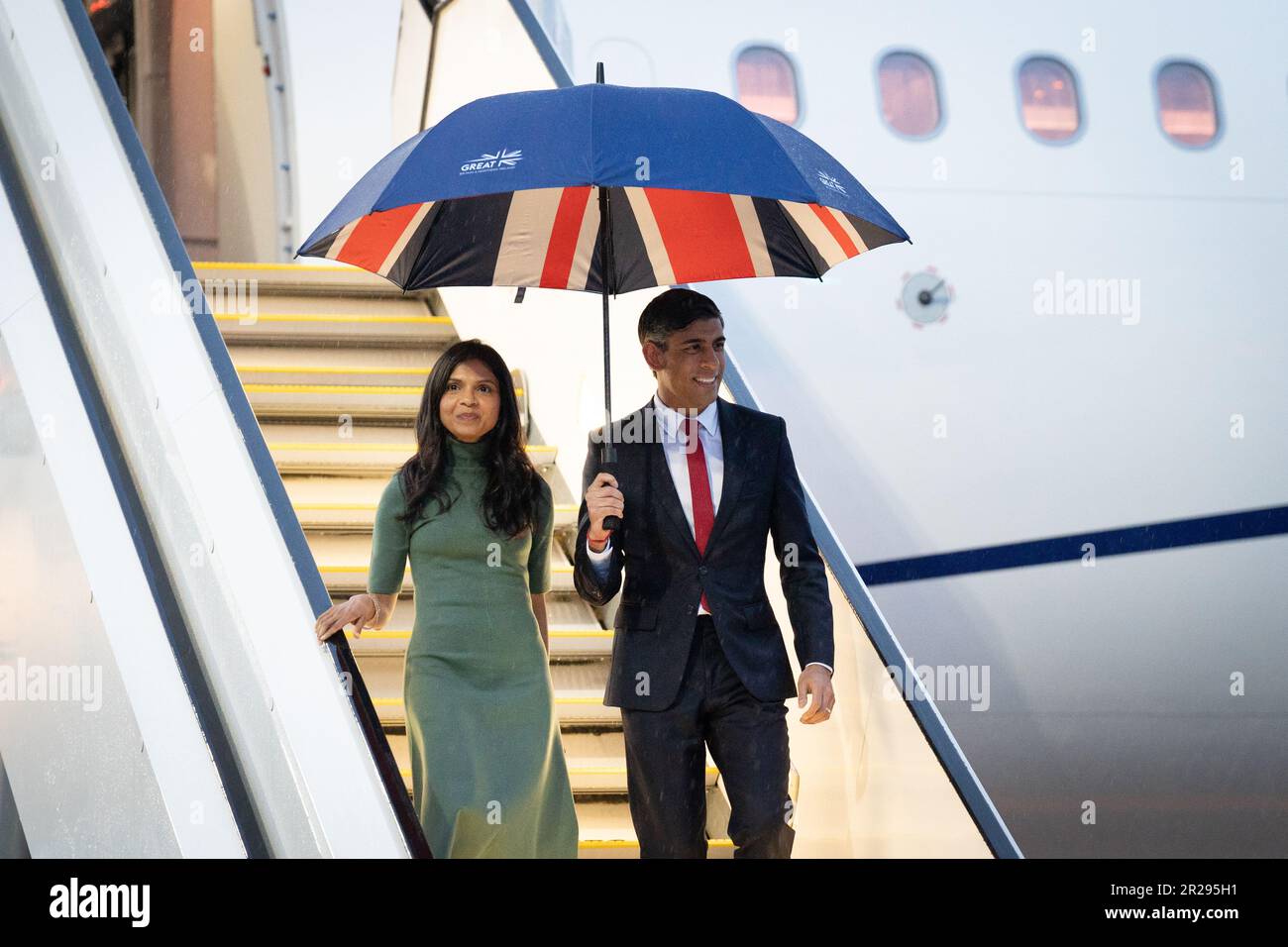 Prime Minister Rishi Sunak and his wife Akshata Murty arriving by plane in Hiroshima after their ...