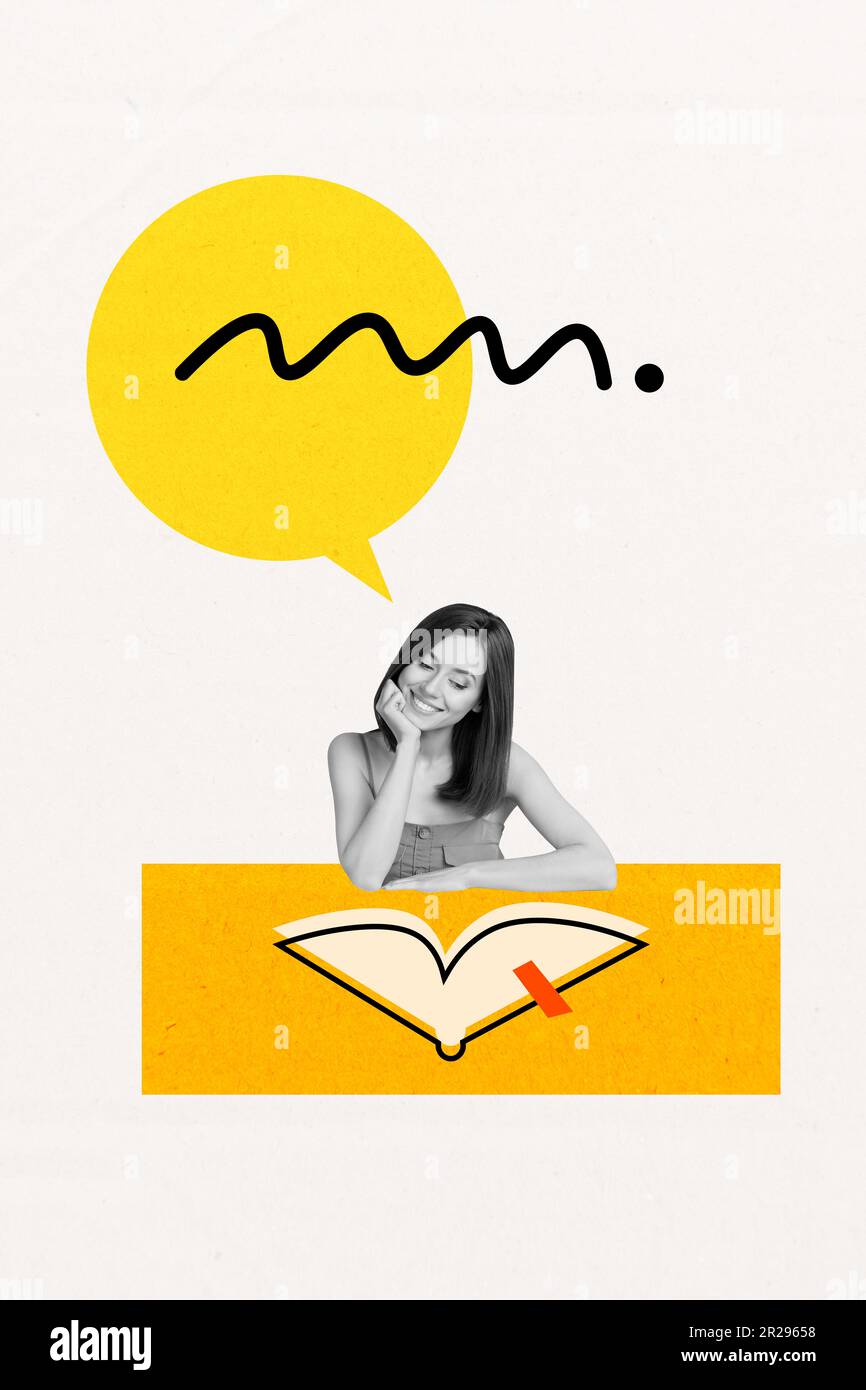 Vertical collage picture of positive black white effect girl read ...