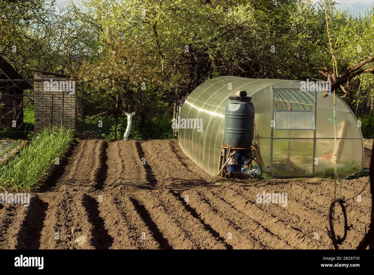 Beautiful vegetable garden with greenhouses potato beds and black soil ...