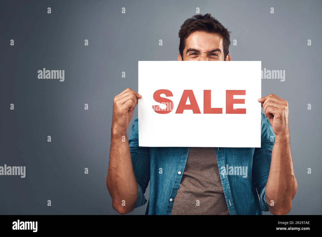 Man, sale and billboard poster for advertising, marketing or branding ...