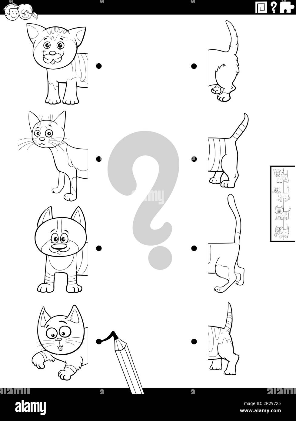 Black and white cartoon illustration of educational game of matching ...