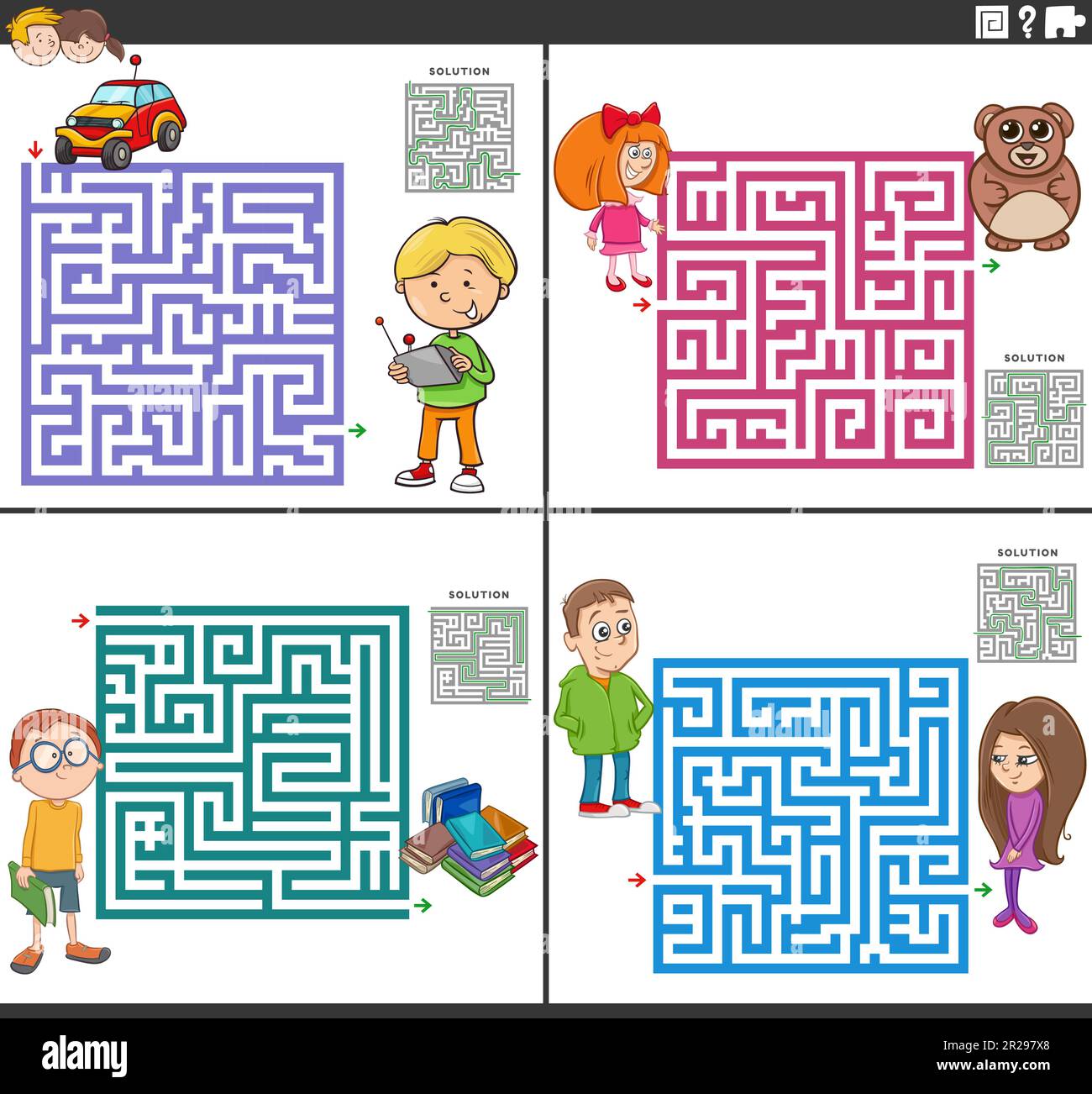 Cartoon illustration of educational maze puzzle games set with comic ...
