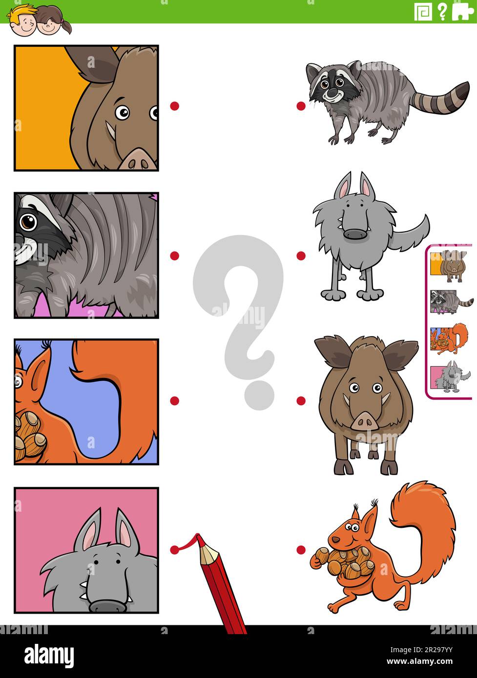 Cartoon illustration of educational matching game with animal ...