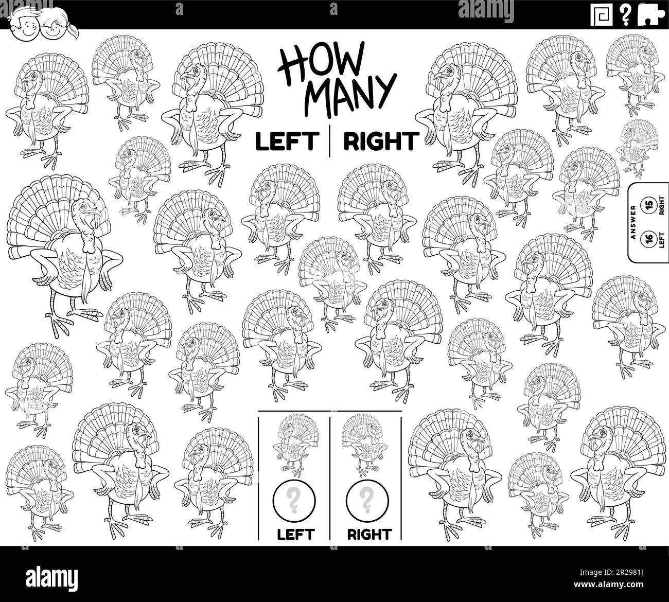 Black and white cartoon illustration of educational game of counting ...