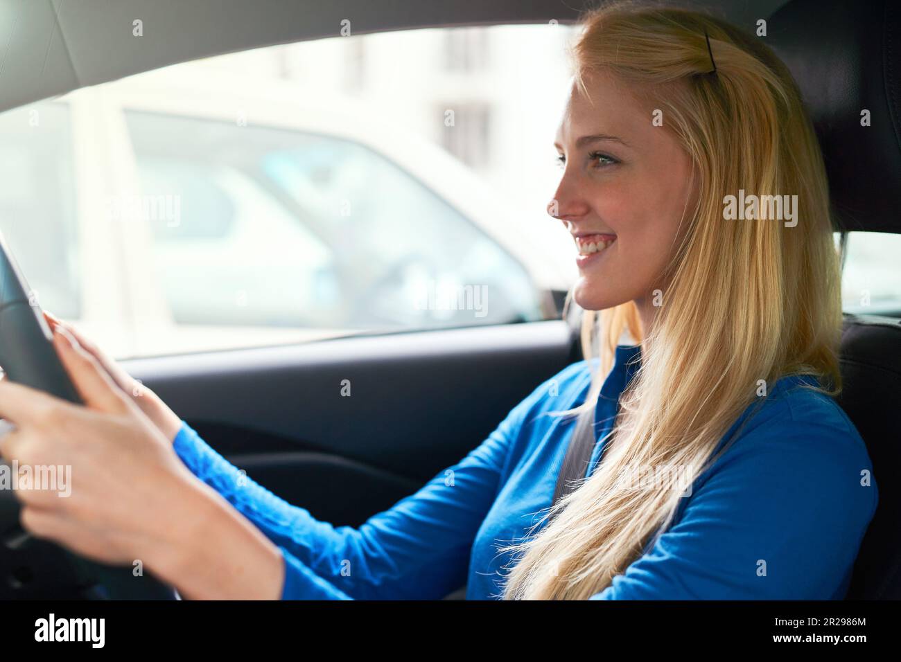 Happy, woman and driving car for travel, journey and transportation ...