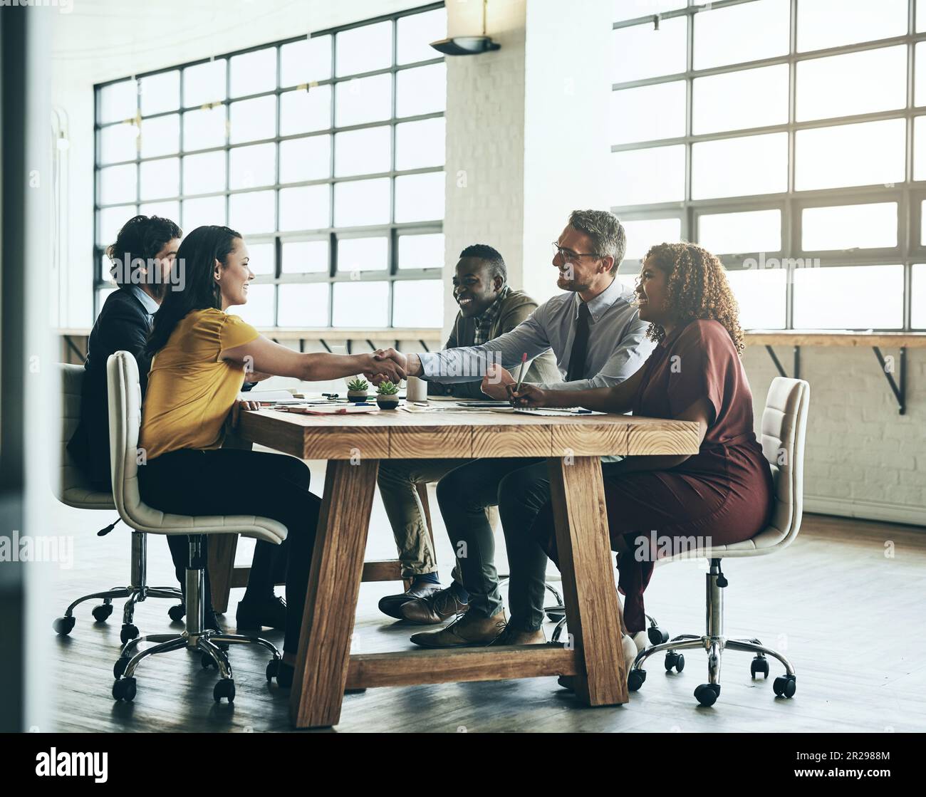 Business staff, office handshake and deal in meeting with agreement and ...