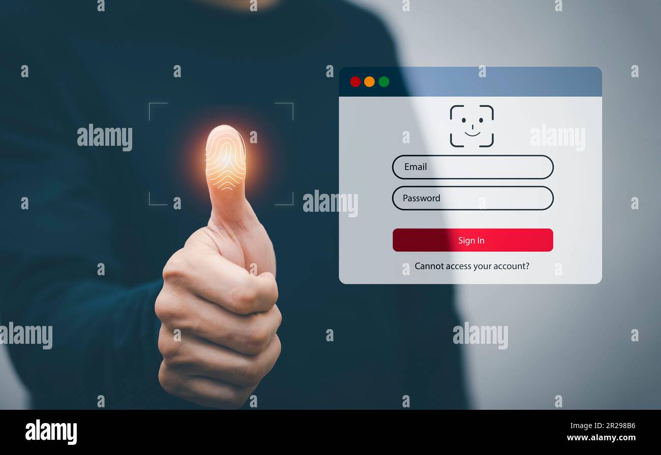 Man touching fingerprint of Security password login online concept Hands typing and entering ...