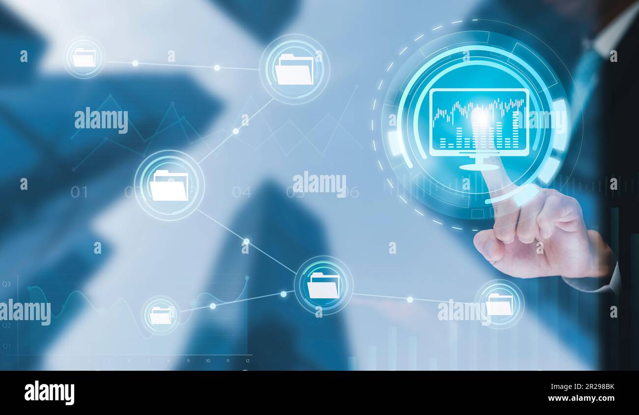 Online documentation database and document management system concept, Businessman using icon ...