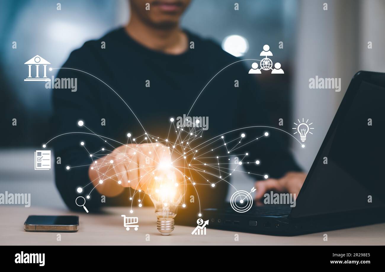 thinking and creative concept, Close up the light bulb and man working ...