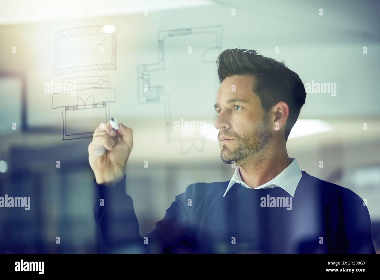 Architect, drawing and blueprint planning on glass and floor plan for ...