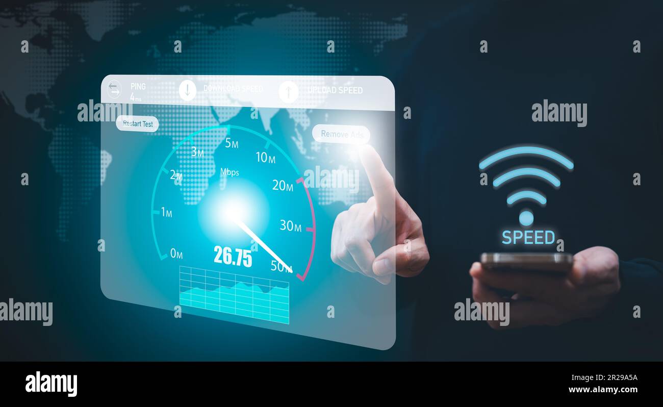 Fast internet connection with Metaverse technology concept, Hand ...