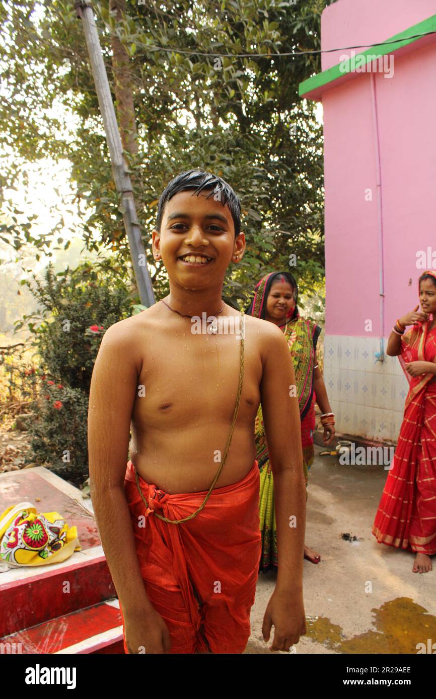 Hindu brahmin Upanayana or The sacred thread ceremony. His entry into the Brahmacharya stage of ...