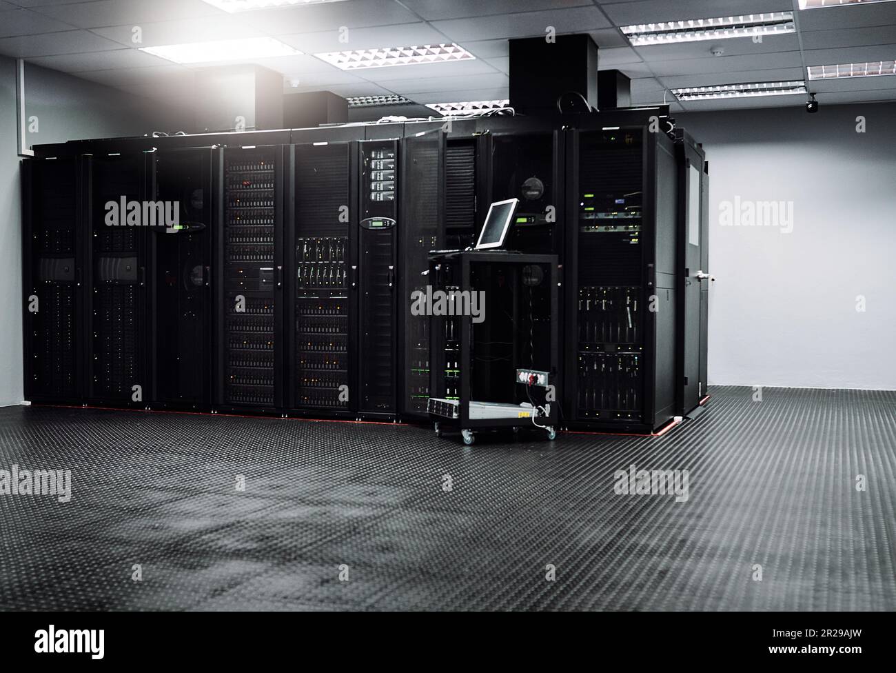 Control room, empty or laptop for internet connection, computing ...