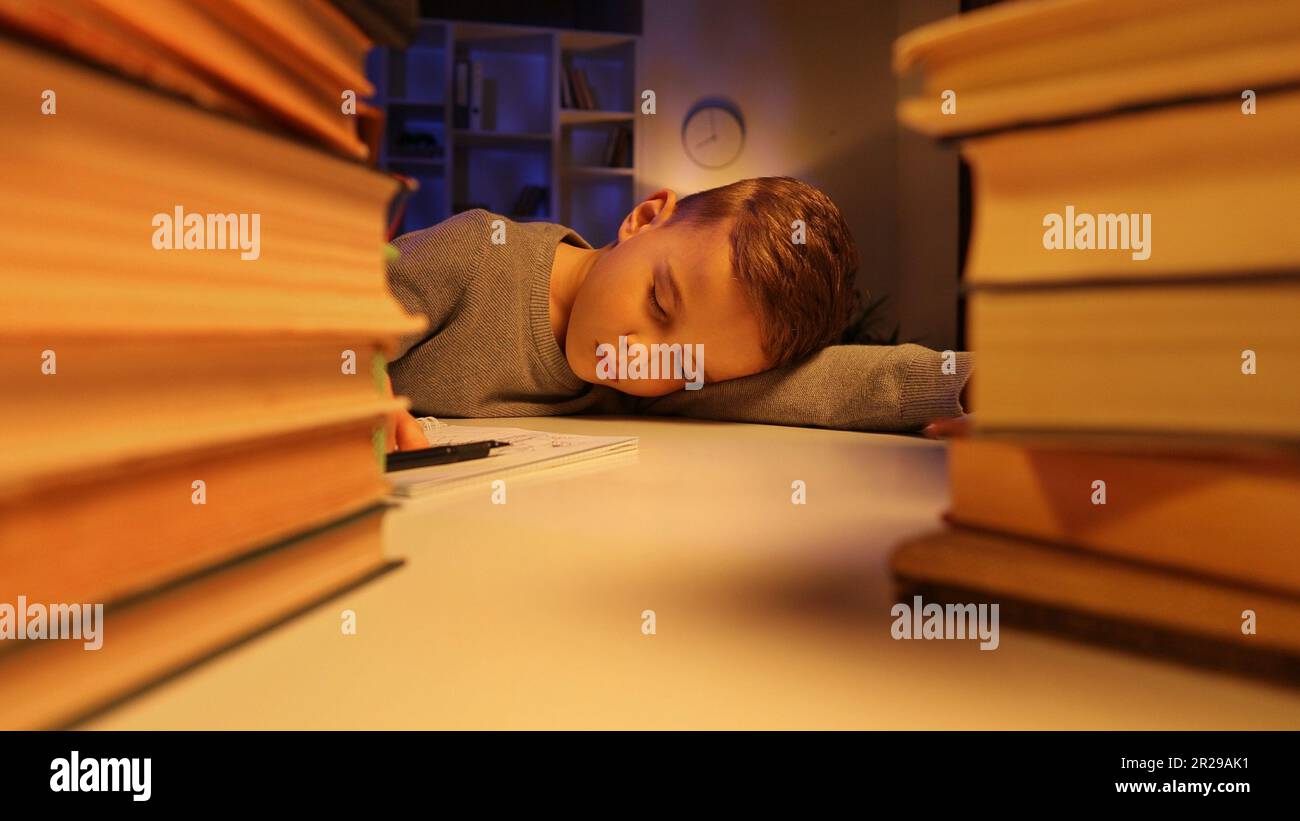 A small schoolboy lies tired from a lot of homework, completes the ...