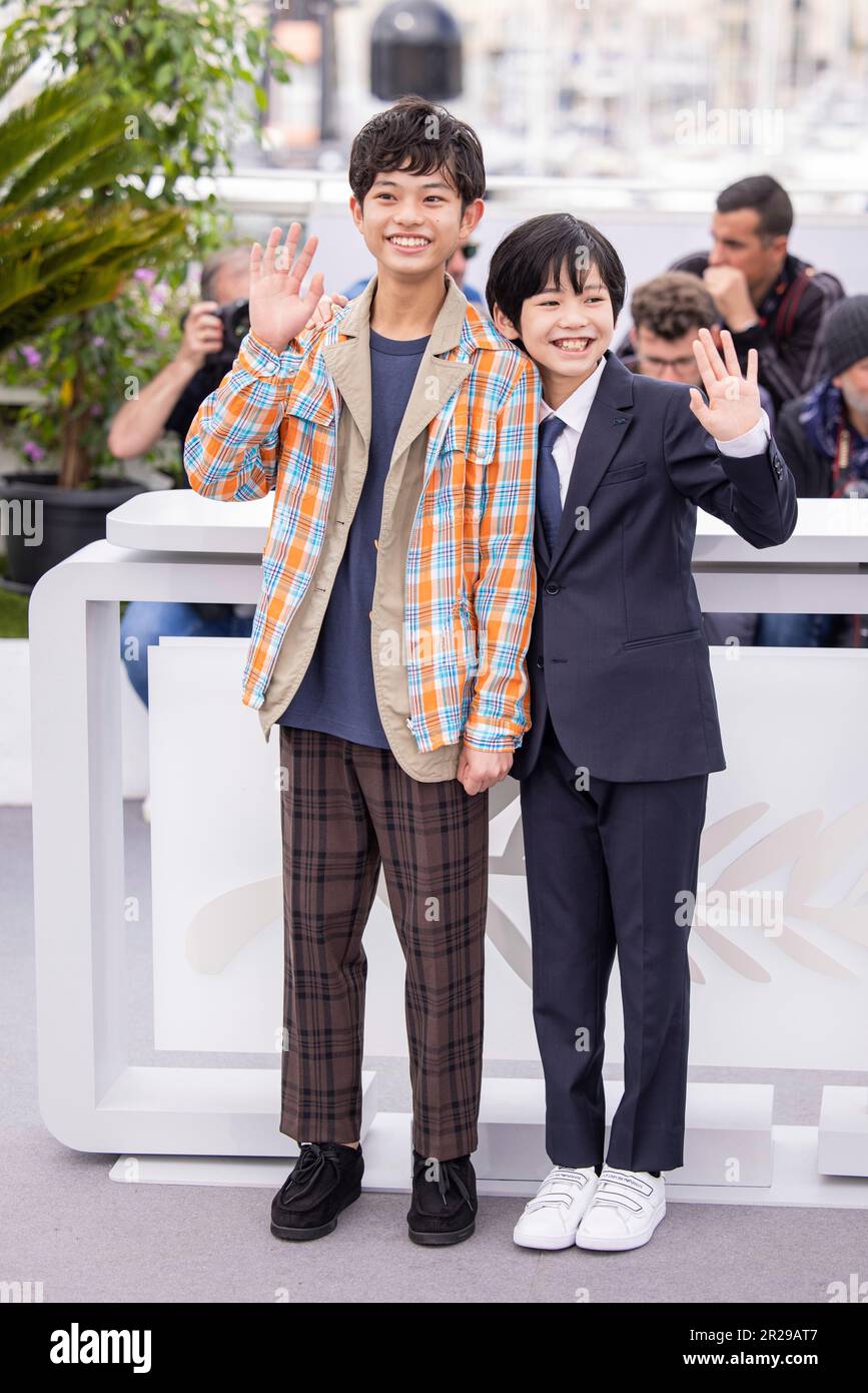 Soya Kurokawa, left, and Hinata Hiiragi pose for photographers at the photo call for the film ...