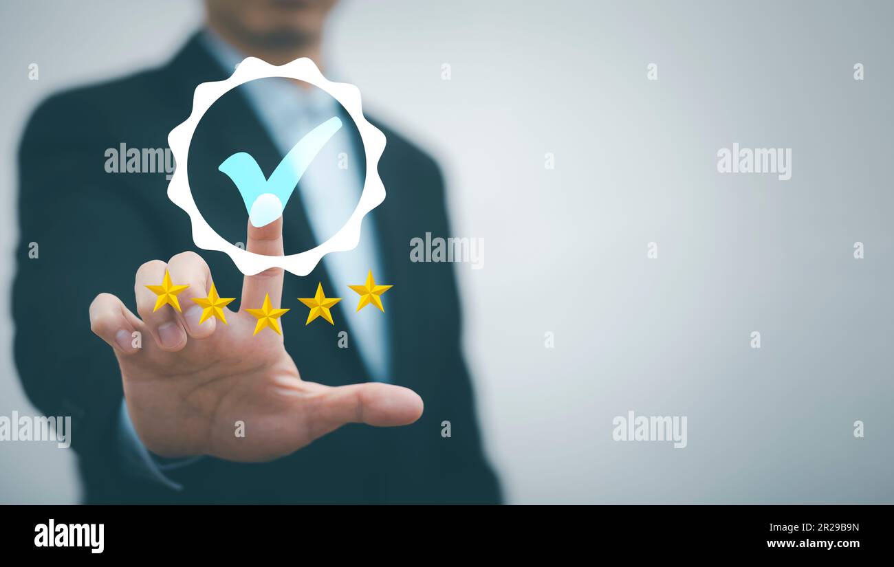 Quality assurance of business services and five star, Businessman hand ...