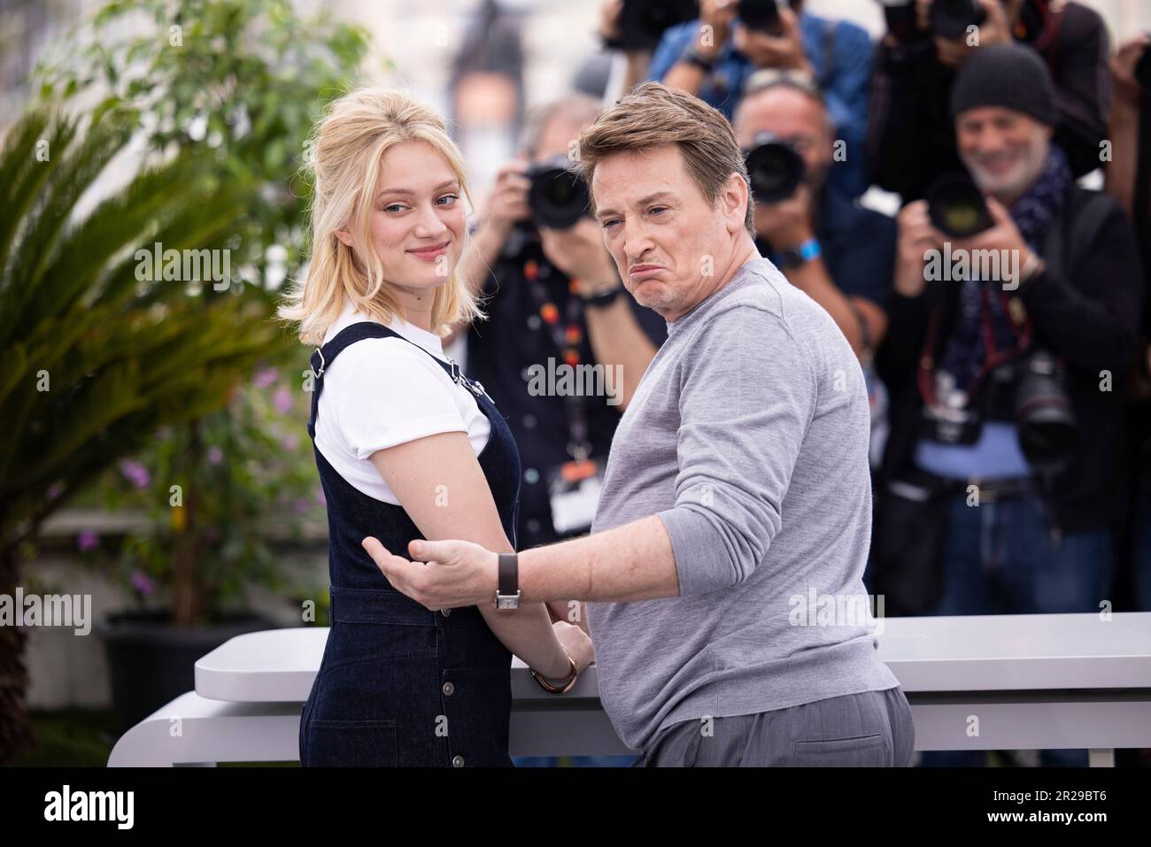 Nadia Tereszkiewicz, left, and Benoit Magimel pose for photographers at ...