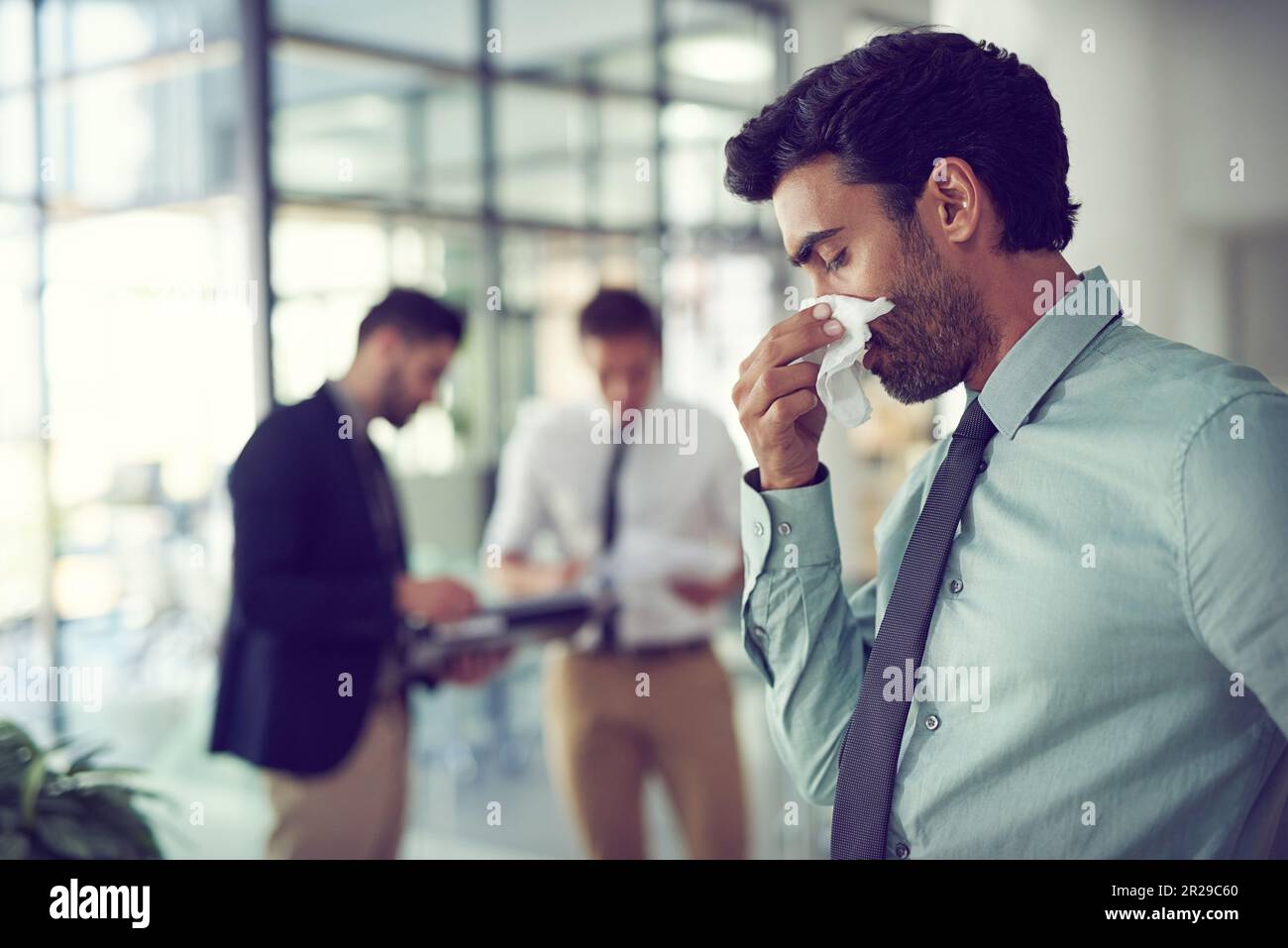 Business, allergies and man with a tissue, sick and healthcare risk ...